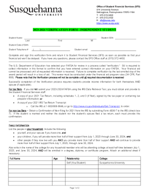 Fillable Online 2023-2024 VERIFICATION FORM - INDEPENDENT STUDENT Fax Email Print - pdfFiller