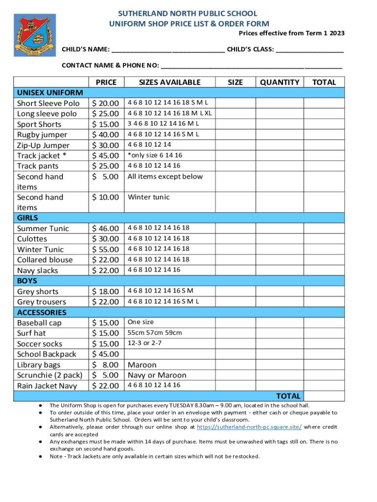 Fillable Online Fillable Online sutherland-p schools nsw edu Uniform ...