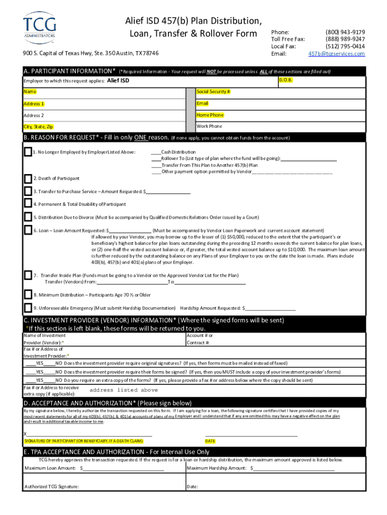 Fillable Online Alief ISD 457(b) Plan Distribution, Loan, Transfer ...