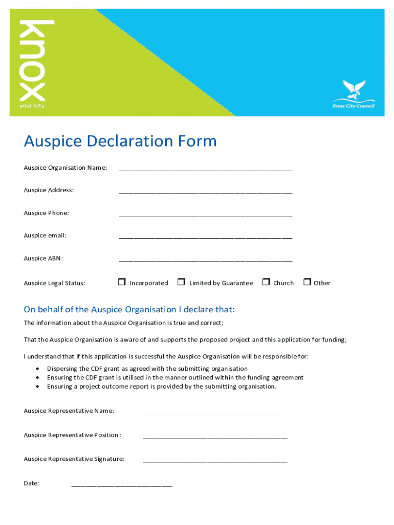 Fillable Online Auspice Agreement Letter for Insert APPLICANT ... Fax ...