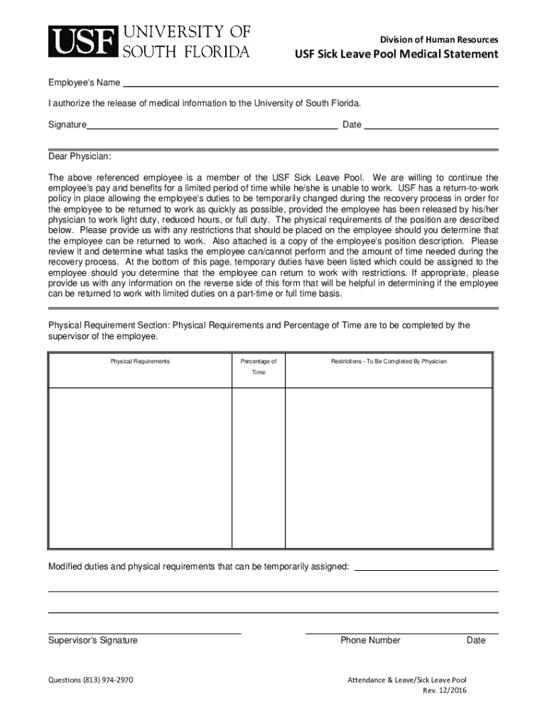 Fillable Online USF Sick Leave Pool Medical Statement Fax Email Print - pdfFiller