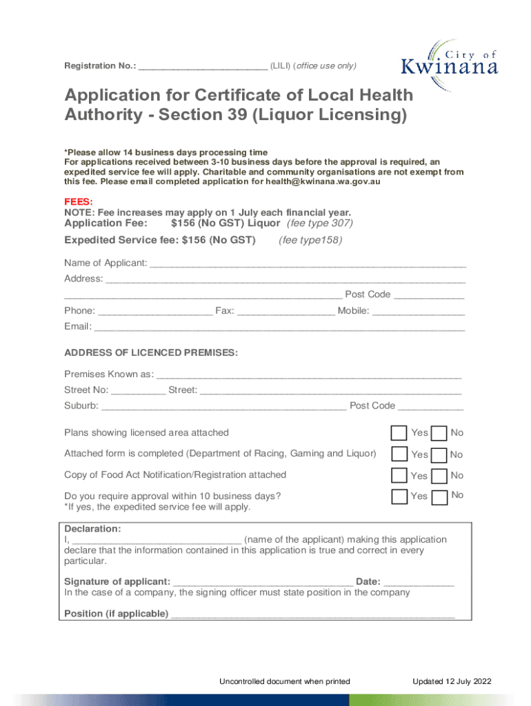 Fillable Online Application for Certificate of Local Health Authority ...