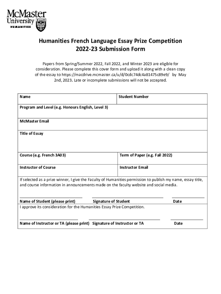 Fillable Online humawards humanities mcmaster Humanities Essay Prize ...