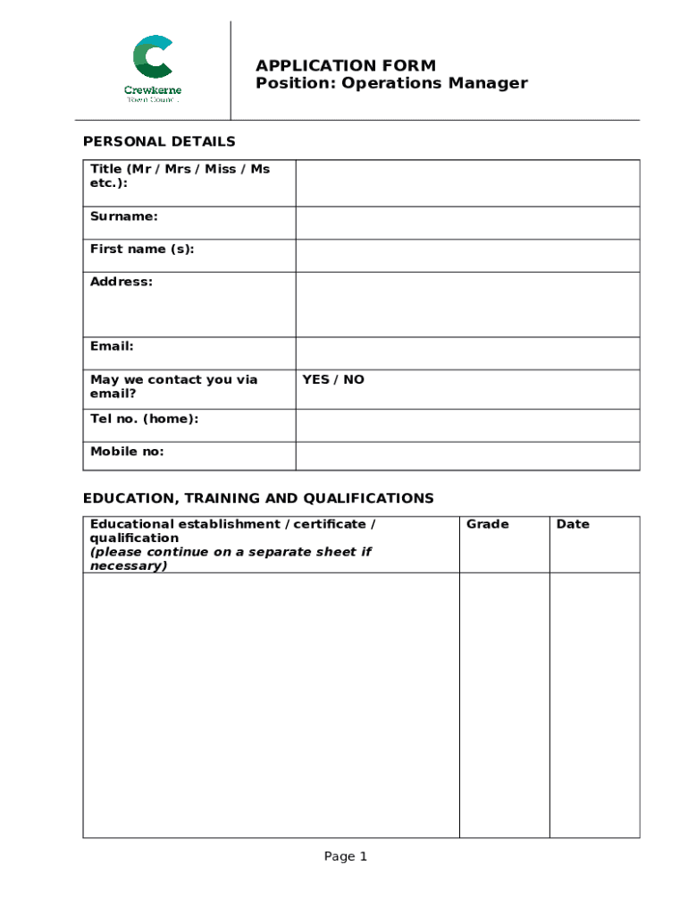 Application Position: Operations Manager Doc Template | pdfFiller