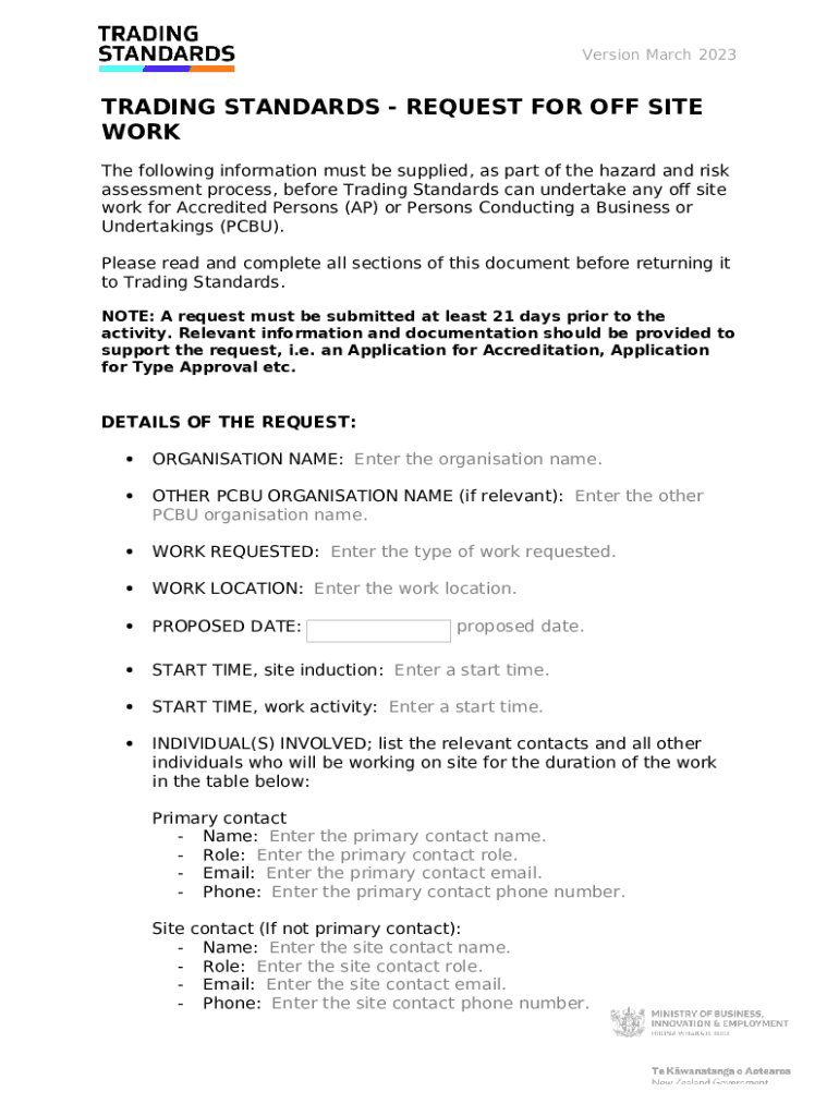 Request for off site work - Trade Measurement Doc Template | pdfFiller