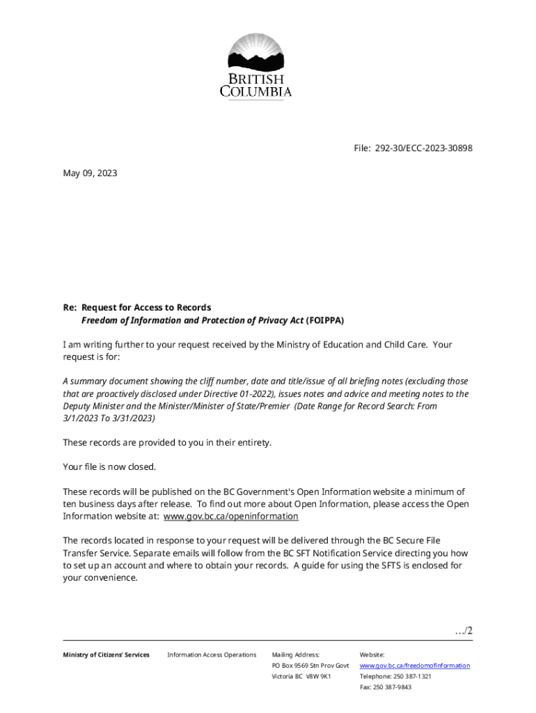 Fillable Online docs openinfo gov bc I am writing further to your ...