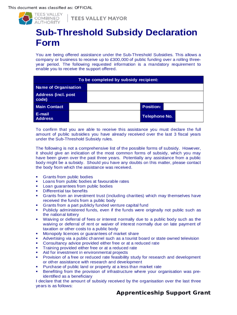 Sub-Threshold Subsidy Declaration - teesvalley-ca gov Doc Template ...
