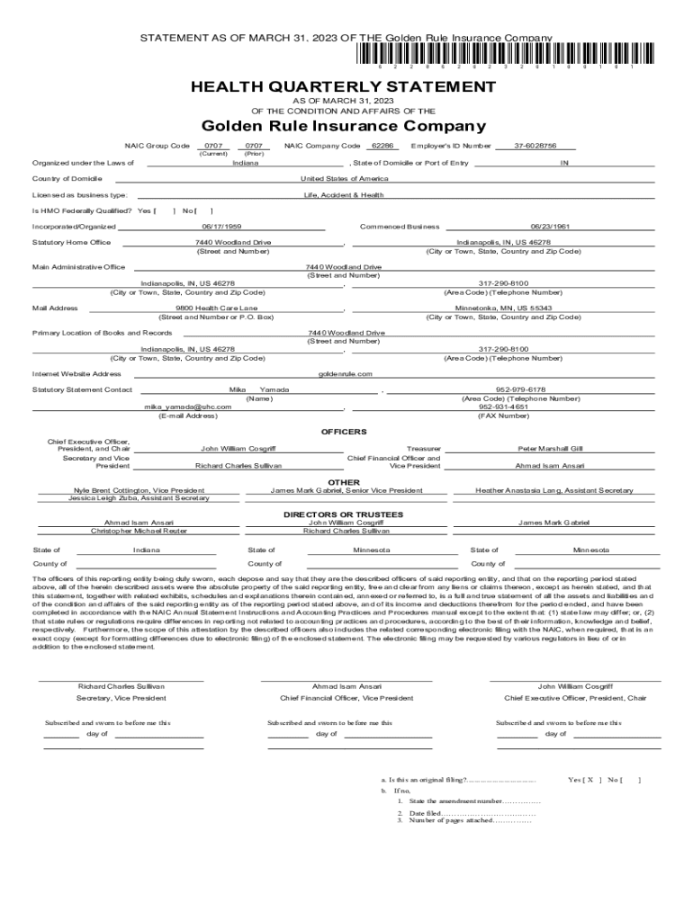 Fillable Online 62286 Golden Rule Insurance Company Original Filing ...