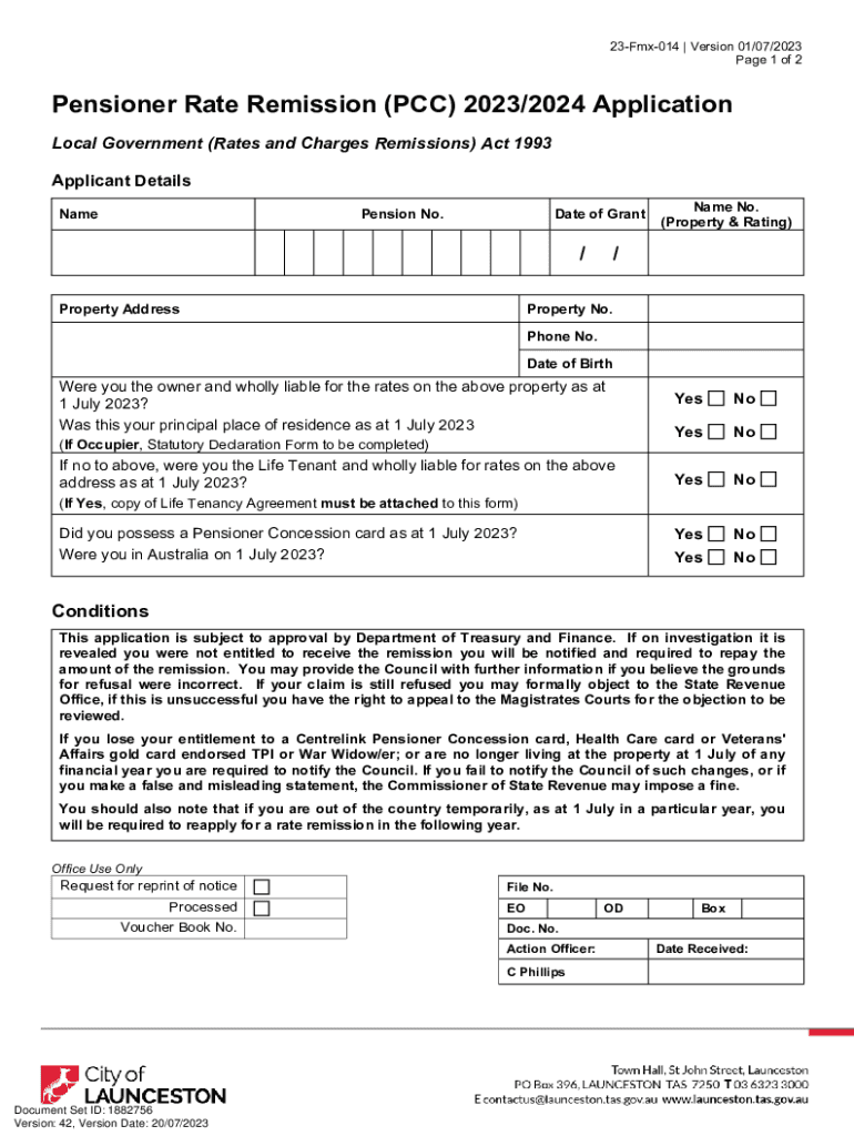 Fillable Online ECM1882756v4223-Fmx-014 Pensioner Rate Remission 2023/ ...