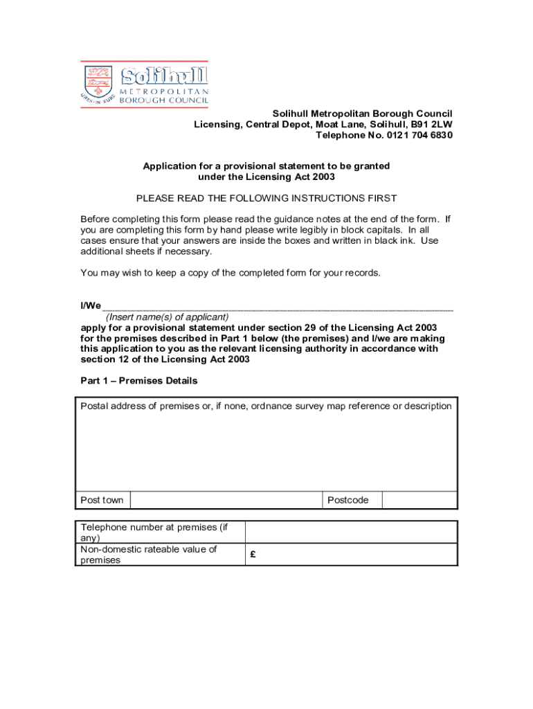 Fillable Online Application for a Provisional Statement. Application for a Provisional Statement ...