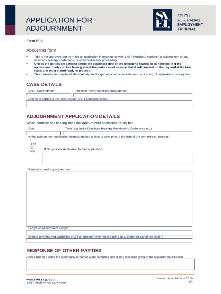 Application for Adjournment. P02 Doc Template | pdfFiller