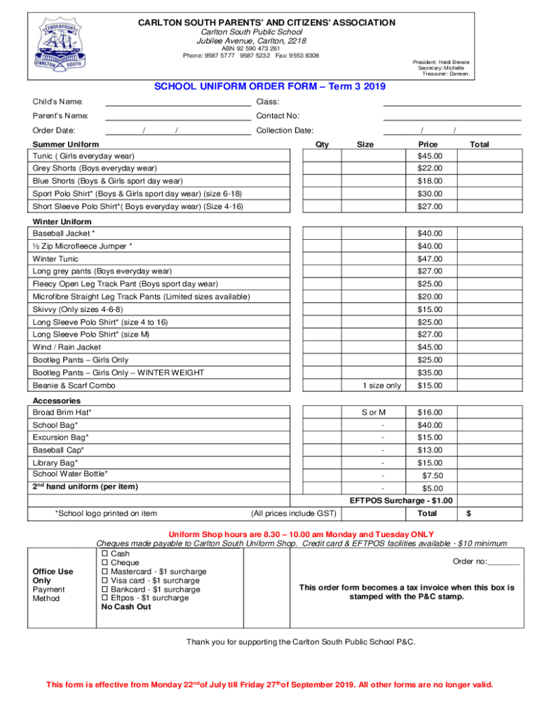 Fillable Online Fillable Online Uniform Order Form Term 1 2014.pdf Fax ...
