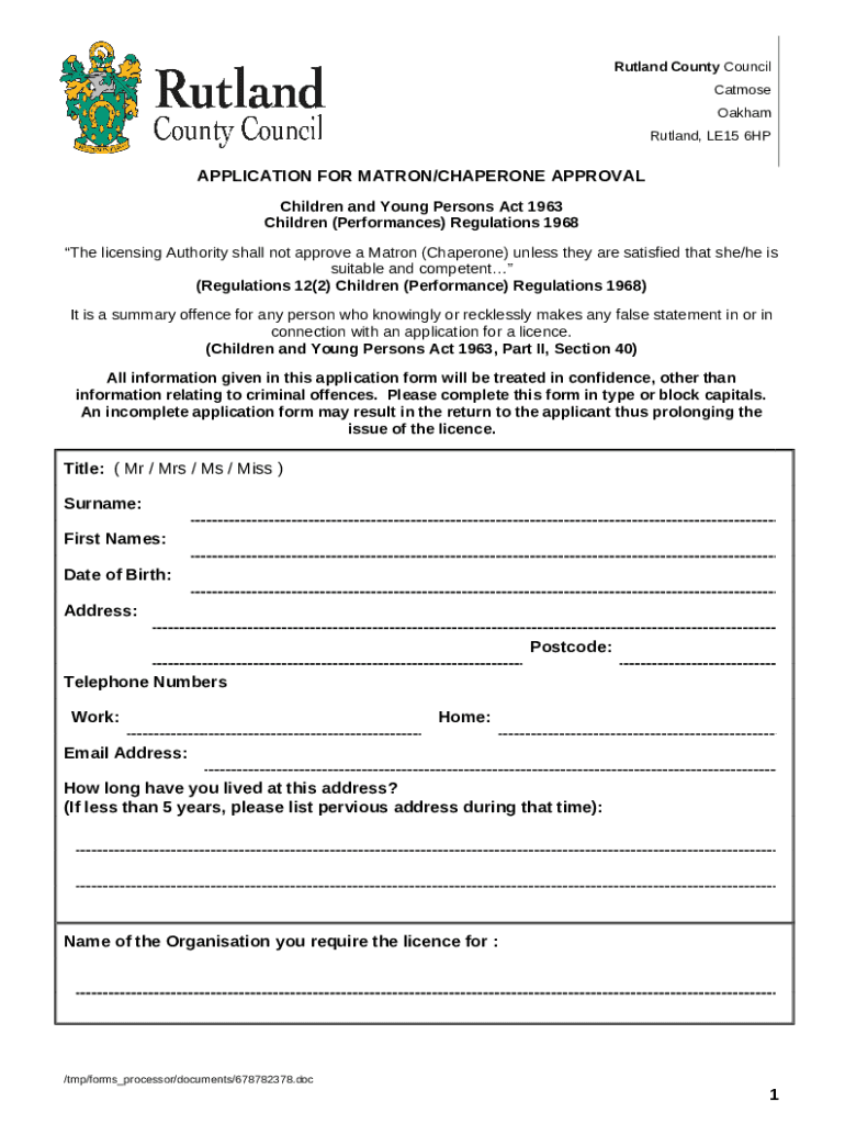 Chaperone Licence Application .doc Doc Template | pdfFiller