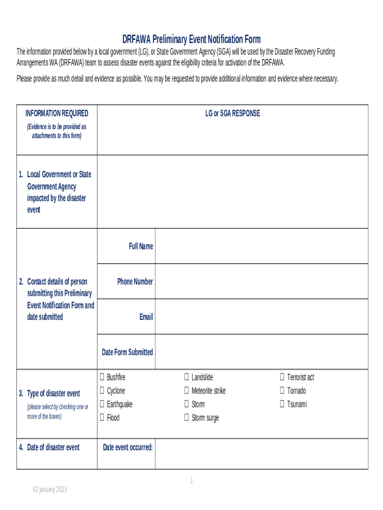 DRFAWA Preliminary Event Notification Doc Template | pdfFiller