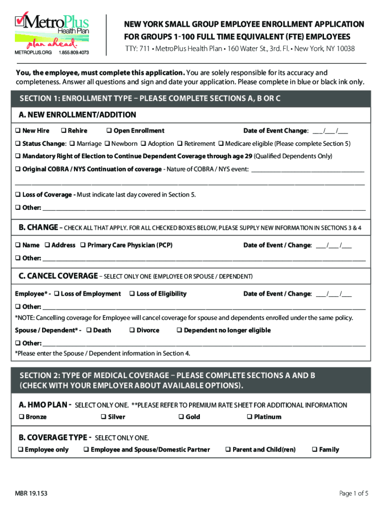 Fillable Online New York Small Group Employee Enrollment Application ...