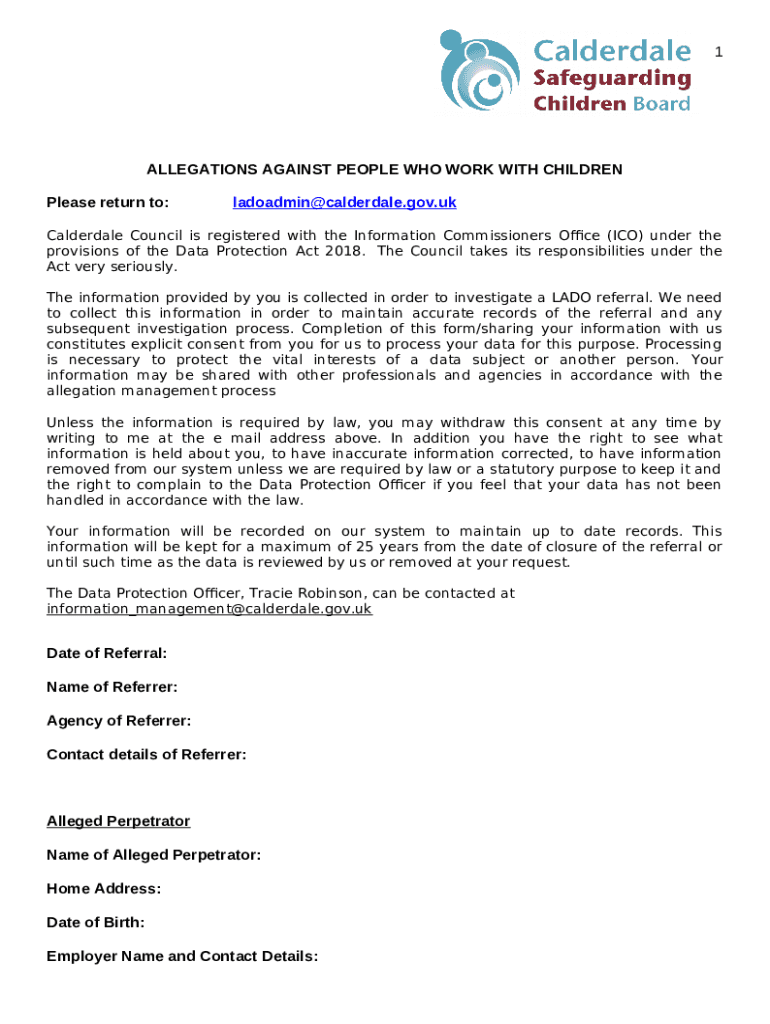 LADO Referral - Calderdale Safeguarding Doc Template | pdfFiller