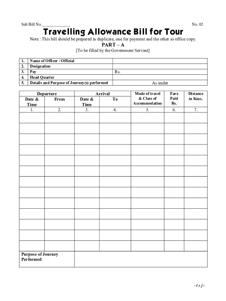 Fillable Online Travelling Allowance Bill For Tour. WORD FILE Fax Email ...
