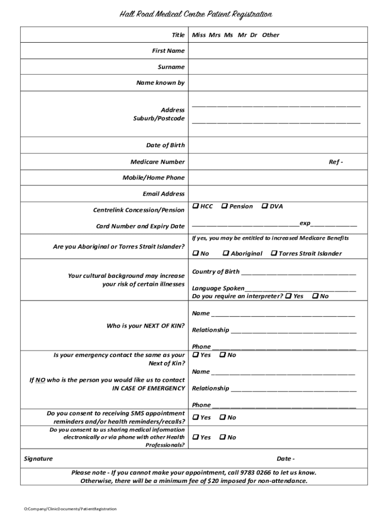 Fillable Online Hall Road Medical Centre Patient Registration Fax Email ...