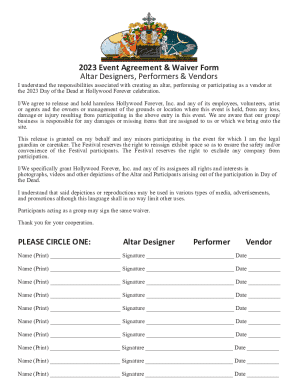 Fillable Online 2023 Event Agreement & Waiver Form Altar Designers ...