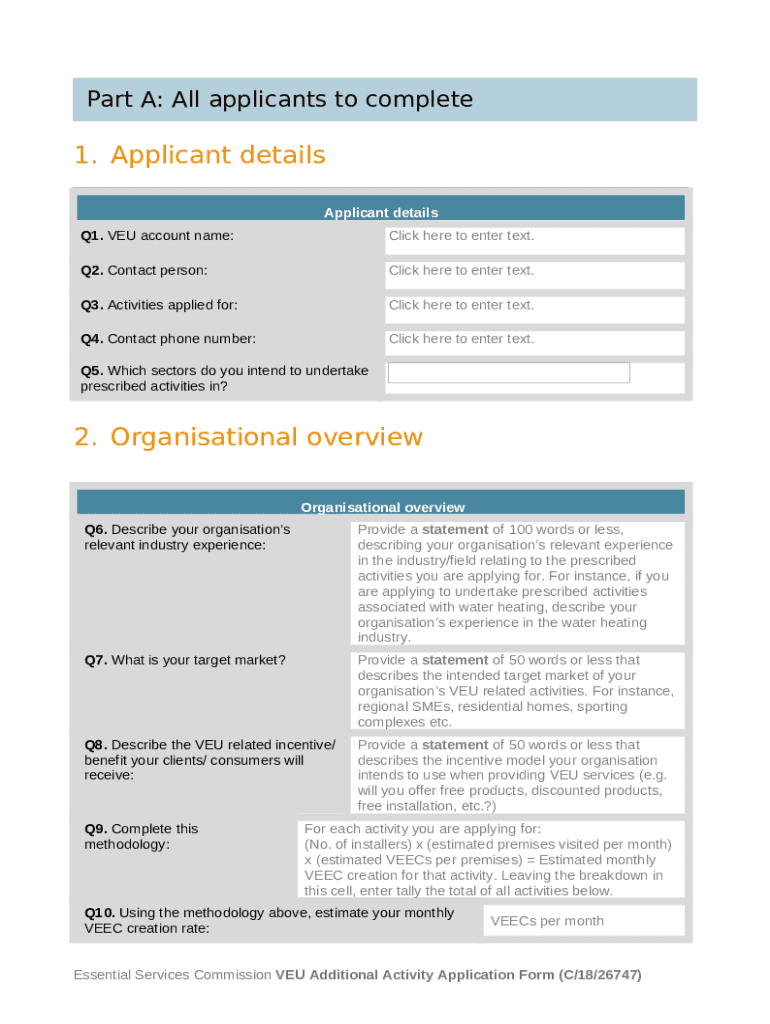 VEU Additional Activity Application Form - Blank Fillable Template ...