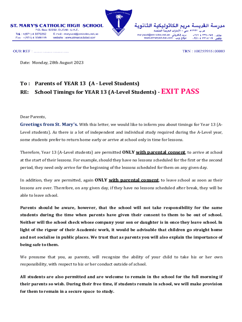 Fillable Online School Timings for YEAR 13 (A-Level Students) - EXIT ...