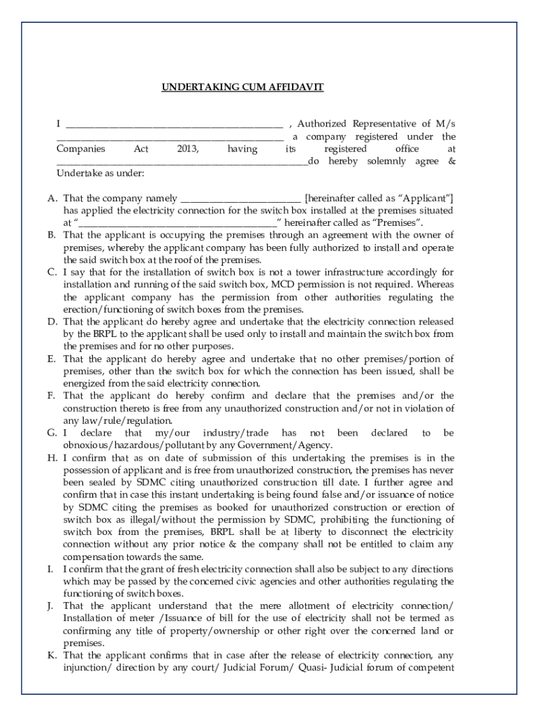 Fillable Online UNDERTAKING CUM AFFIDAVIT I , Authorized Representative ...