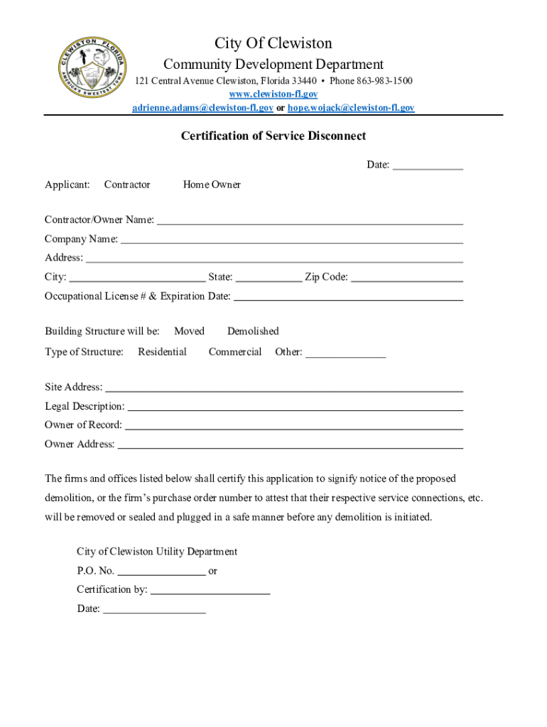 Fillable Online Clewiston City Building Department, 121 Central Ave ...