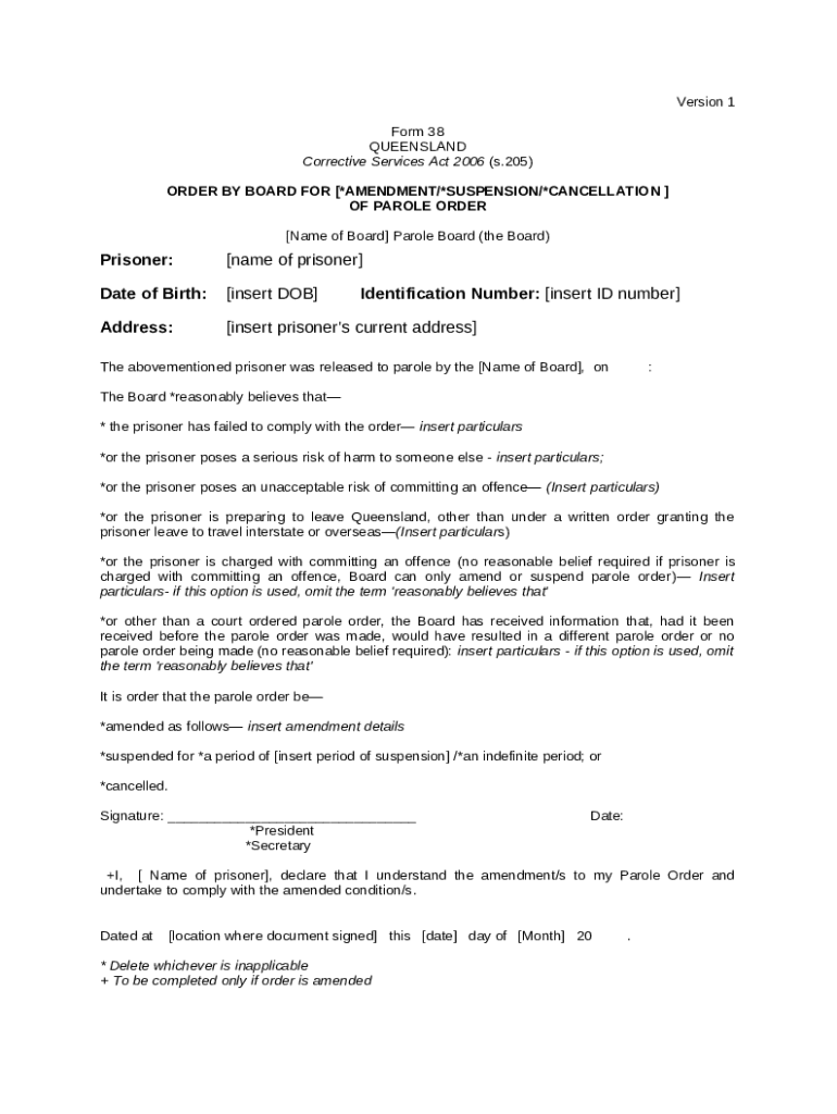 38. Order by board for amendment/suspension/cancellation of parole order Doc Template | pdfFiller