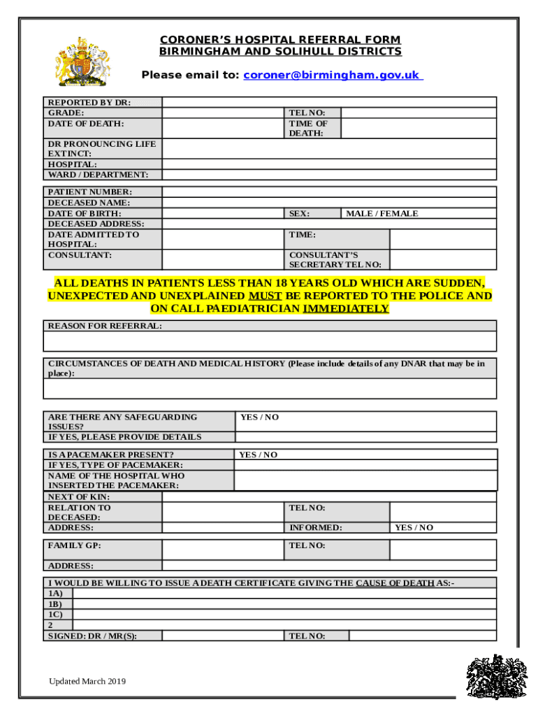 Coroner's Hospital Referral Doc Template | pdfFiller