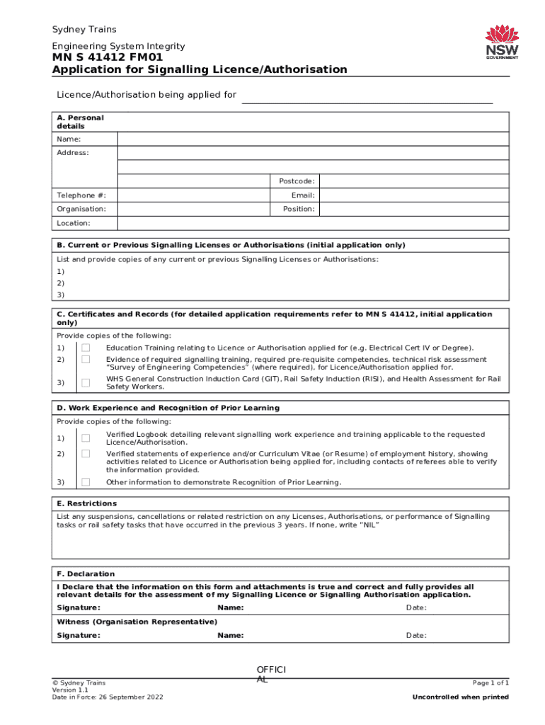 MN S 41412 FM01 V1.1 Application for Signalling Licence/Authorisation Doc Template | pdfFiller