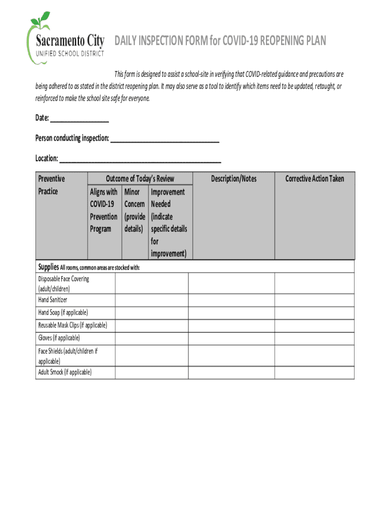 Fillable Online DAILY INSPECTION FORM for COVID-19 REOPENING PLAN Fax ...
