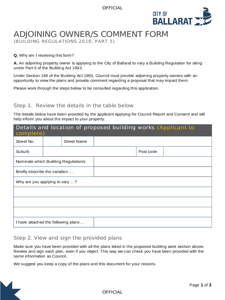 Report and Consent Adjoining Owner Comment . ... Doc Template | pdfFiller