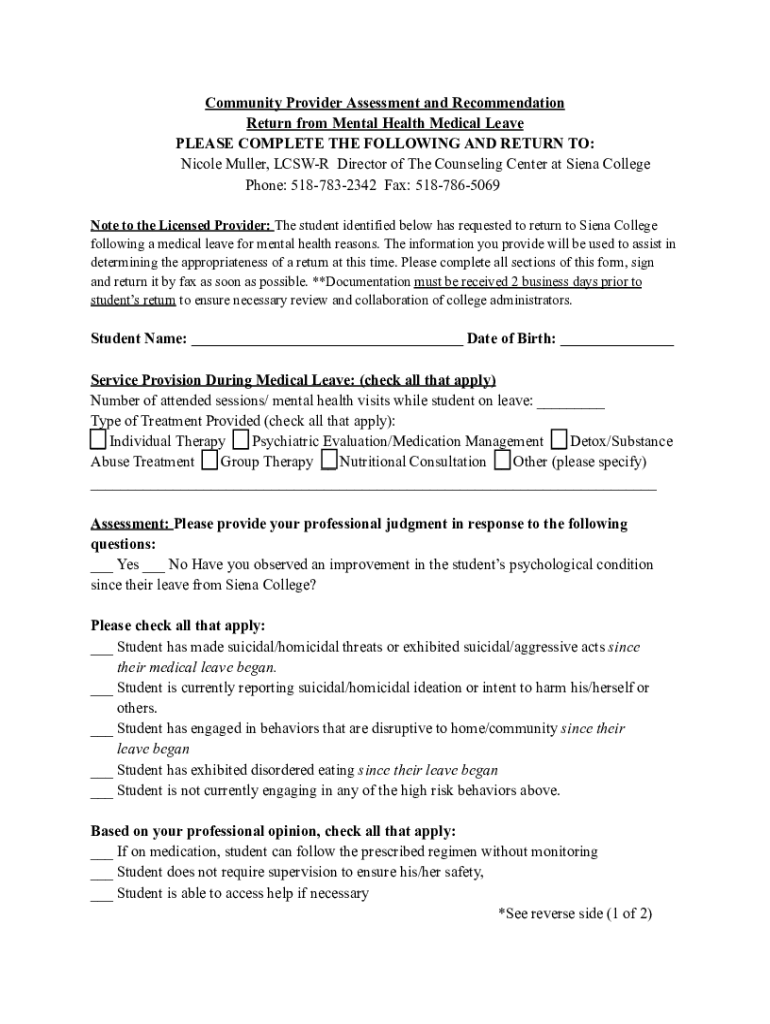 Fillable Online Return from Mental Health Medical Leave Form Fax Email ...