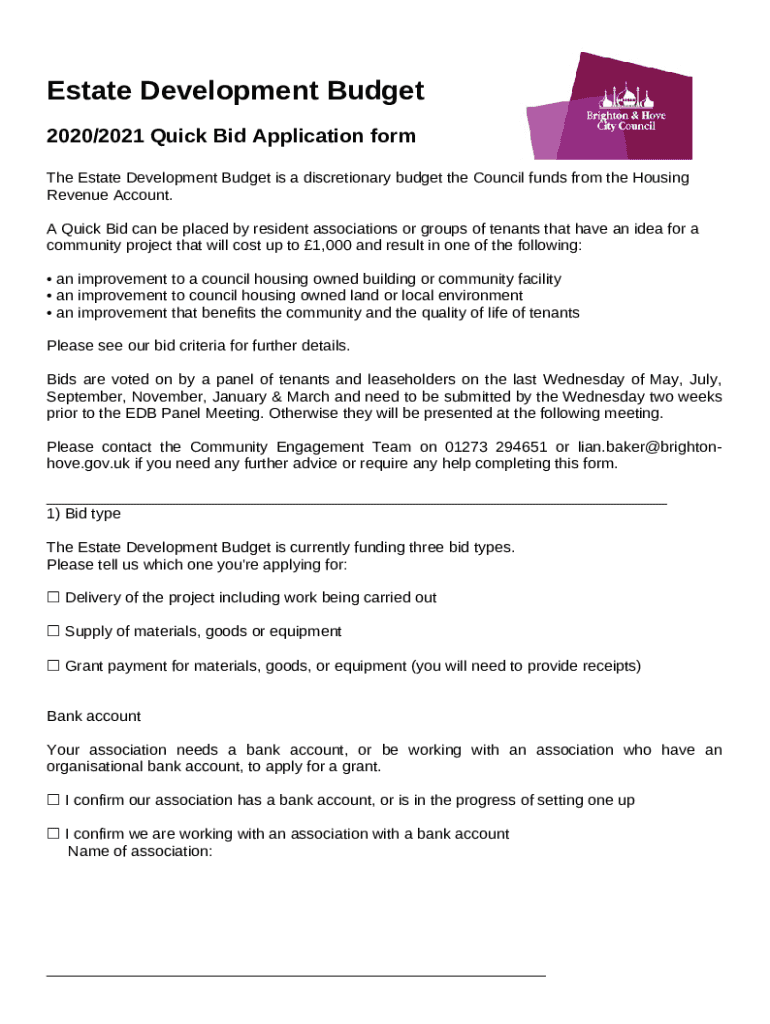 Estate Development Budget 2020/2021 Quick Bid Application Doc Template ...
