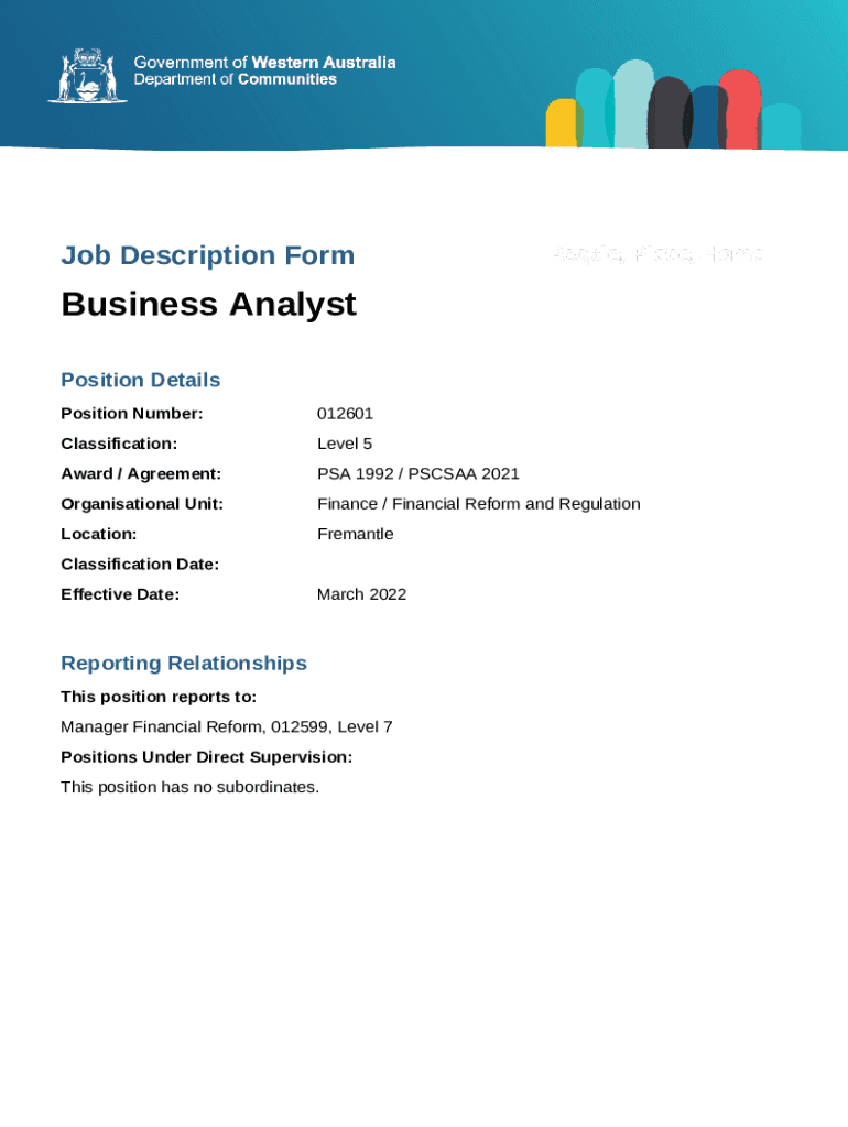 Job Description Business Analyst Position Details Doc Template | pdfFiller