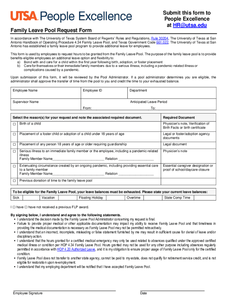 Fillable Online PE Family Leave Pool Request Form - San Antonio Fax Email Print - pdfFiller