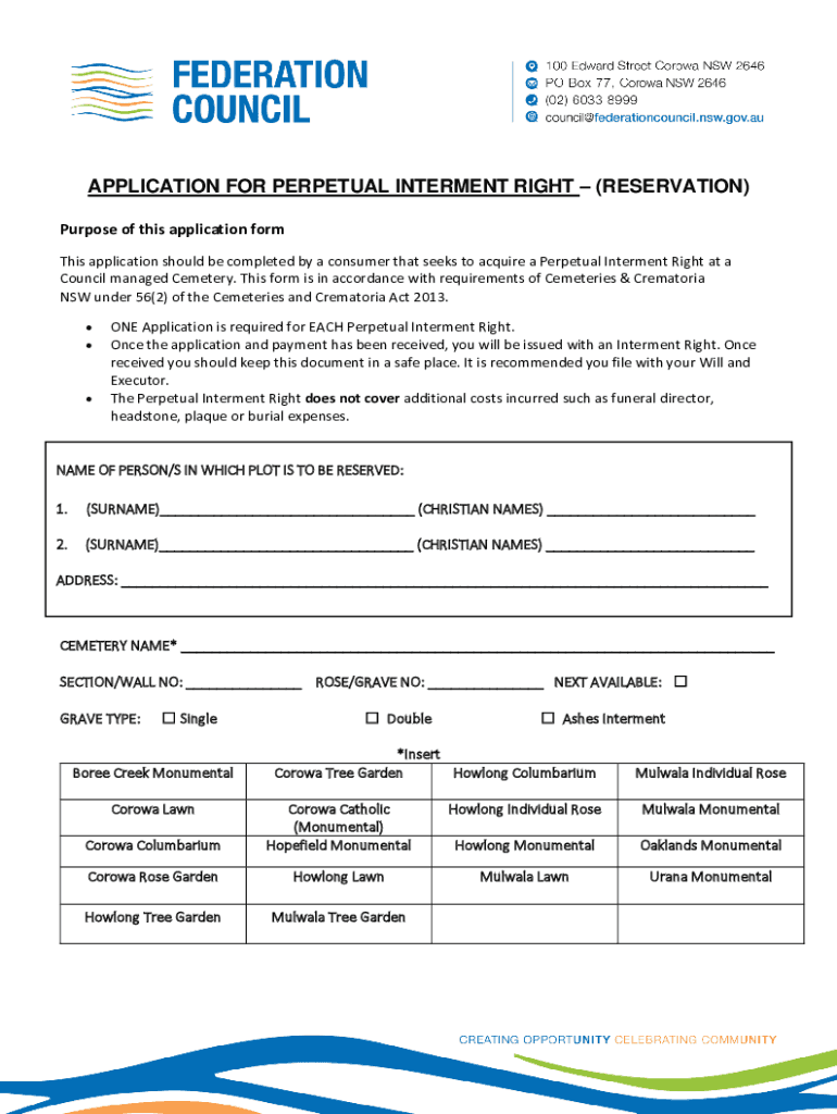 Fillable Online Application to Update or Transfer a Perpetual Interment ...