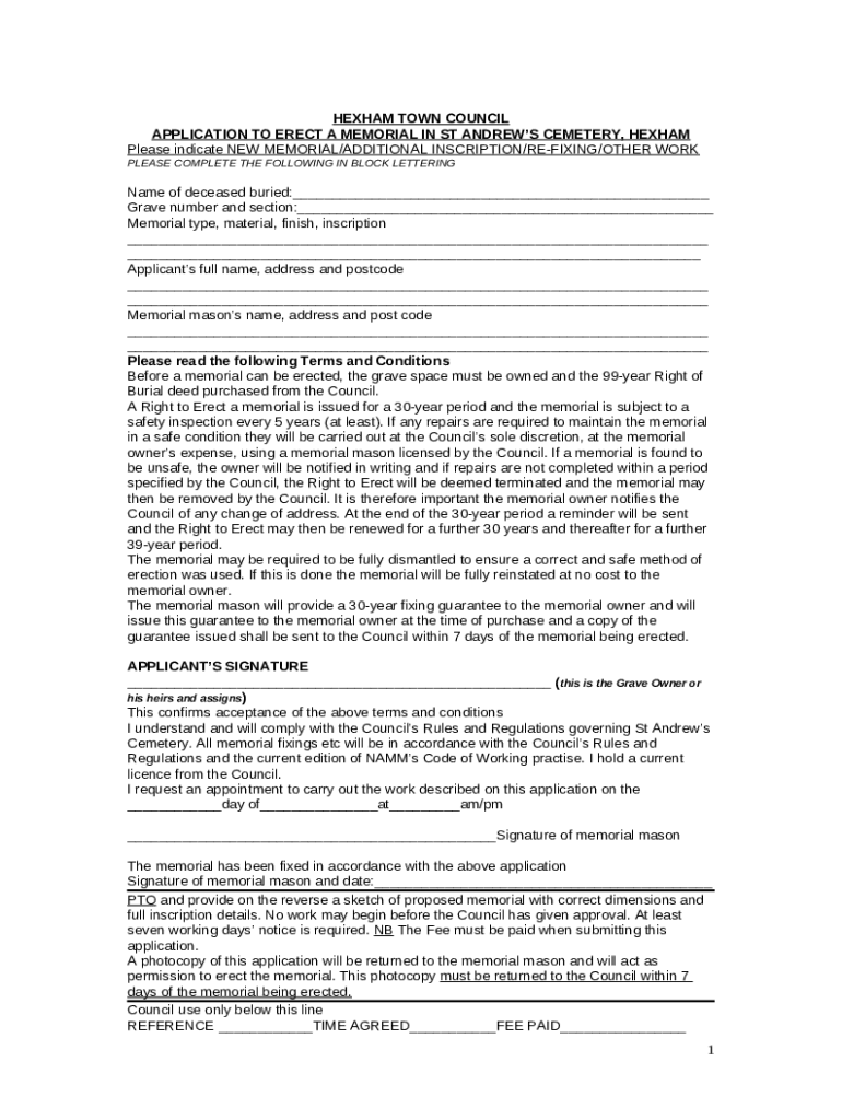application for a 99-year right of burial deed, st andrew's ... Doc Template | pdfFiller