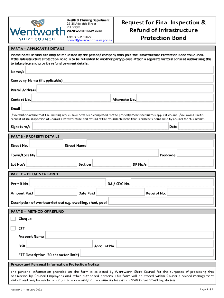 Fillable Online Request for Final Inspection & Refund of Infrastructure ...