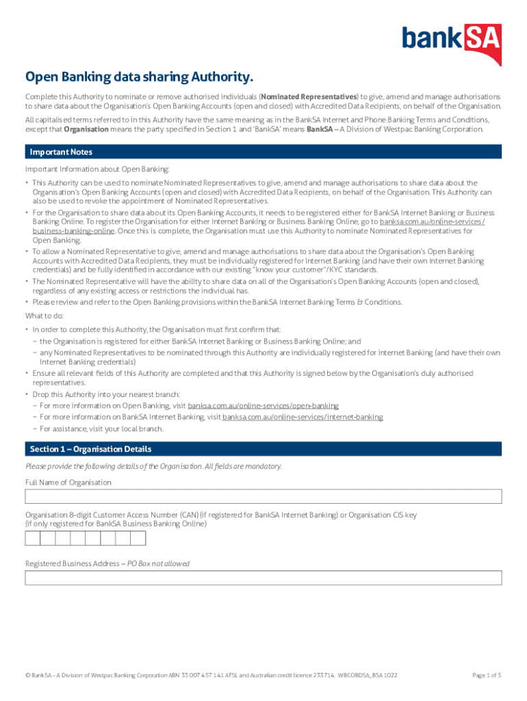 Fillable Online . BSA BSA Open Banking Data Sharing Authority Form Fax ...