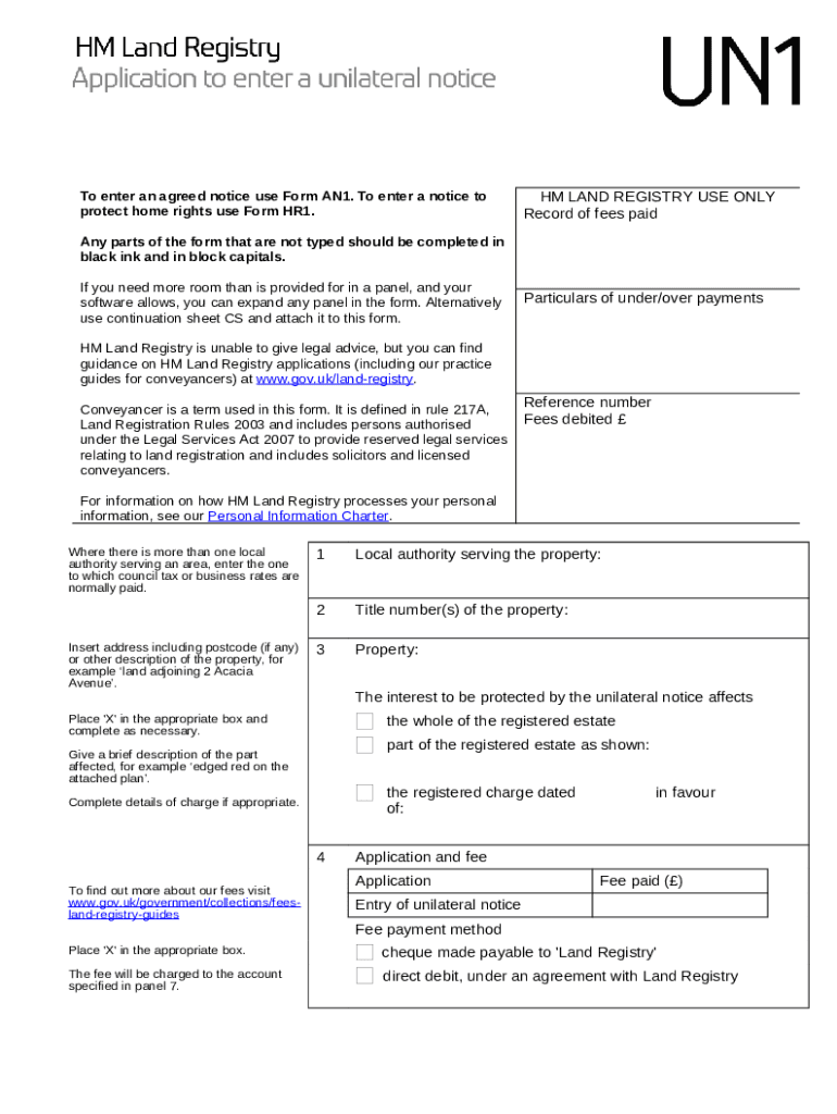 Free Un1 UN1 (HM Land Registry) PDF Doc Template | pdfFiller