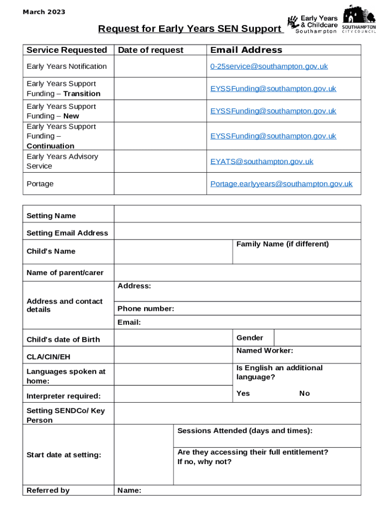 SEN Support Service Referral (EY) March 2023 Doc Template | pdfFiller