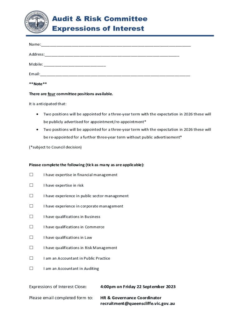 Fillable Online Audit & Risk Committee Expressions of Interest Fax Email Print - pdfFiller