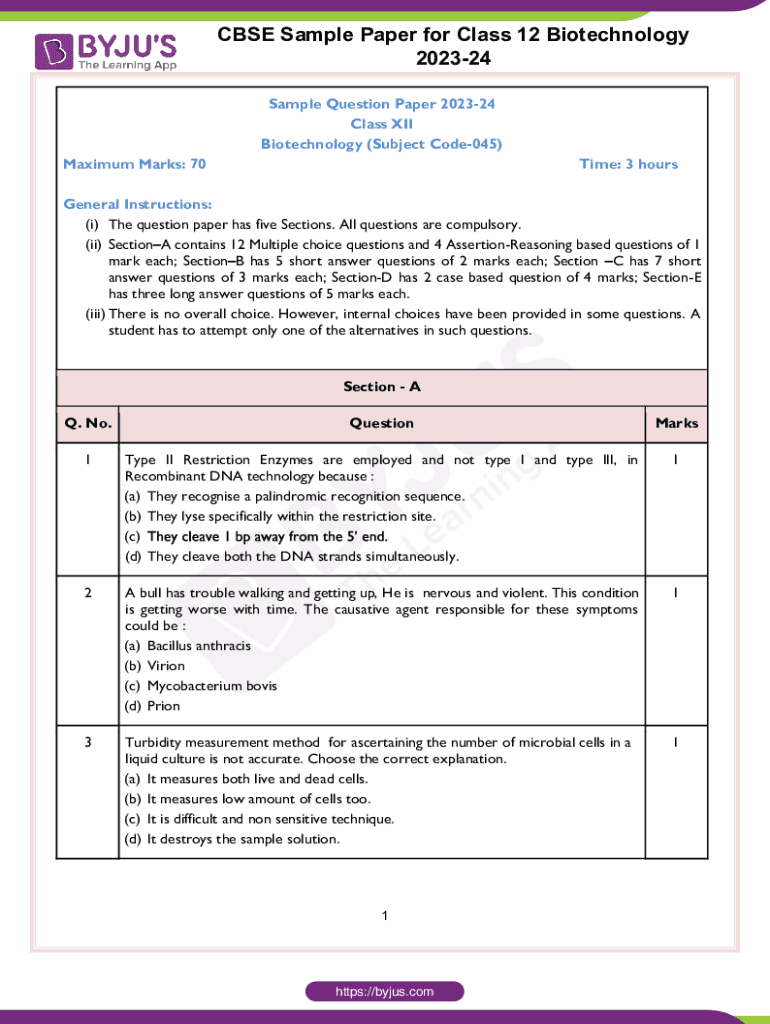 Fillable Online CBSE Class 12 Biotechnology Sample Paper 2024 Fax Email ...