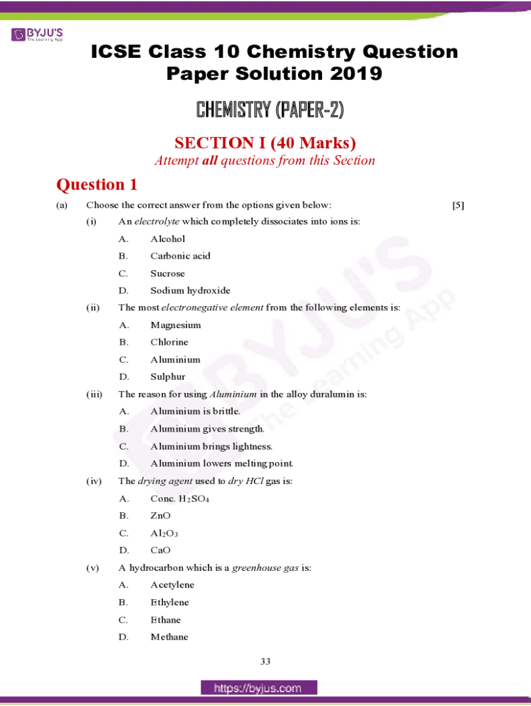Fillable Online ICSE Class 10 Chemistry Previous Year Question Paper ... Fax Email Print - pdfFiller