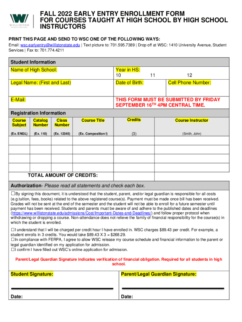 Fillable Online FALL 2022 EARLY ENTRY ENROLLMENT FORM FOR ... Fax Email Print - pdfFiller