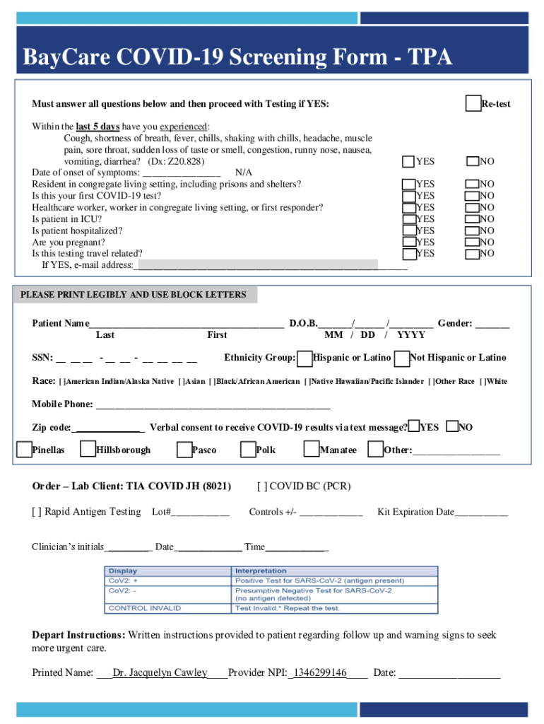 Fillable Online BayCare COVID-19 Screening Form - TPA Fax Email Print ...