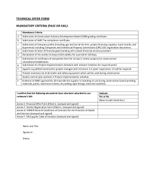 Fillable Online TECHNICAL OFFER FORM MANDATORY CRITERIA (PASS OR ...