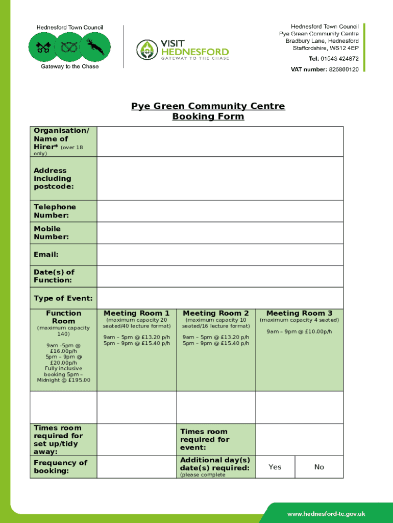 Community hall or hub booking enquiry Doc Template | pdfFiller