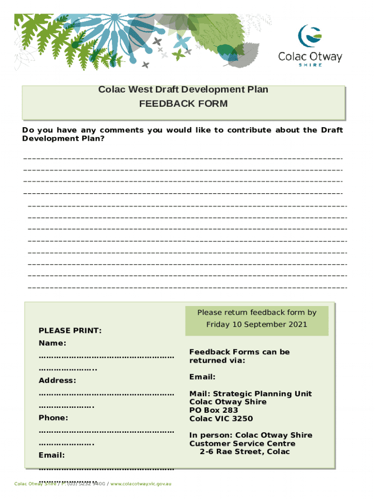 Colac West Draft Development Plan FEEDBACK Doc Template | pdfFiller